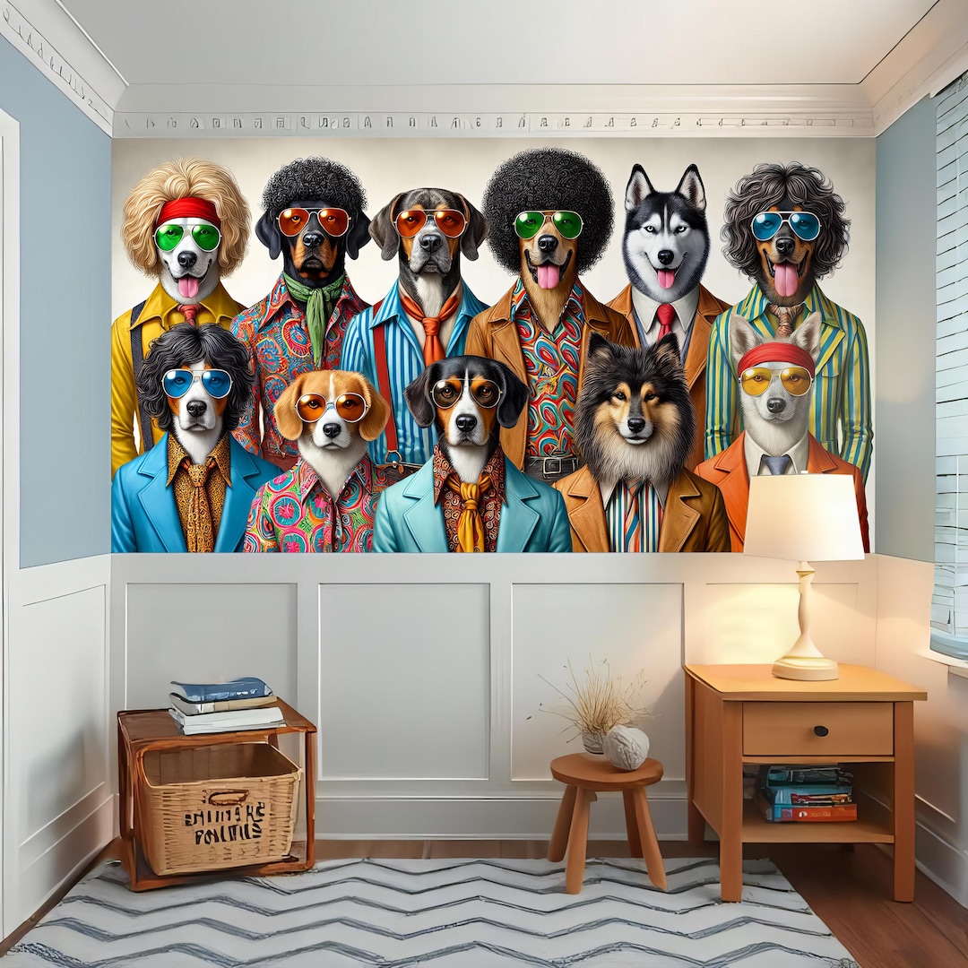 Retro Canine Party Wallpaper Peel and Stick Funky 70s Dog Mural With ...