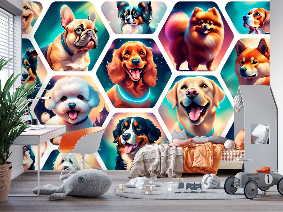 Dog Wallpaper Mural Peel and Stick, Pets Bedroom Pattern Colorful ...