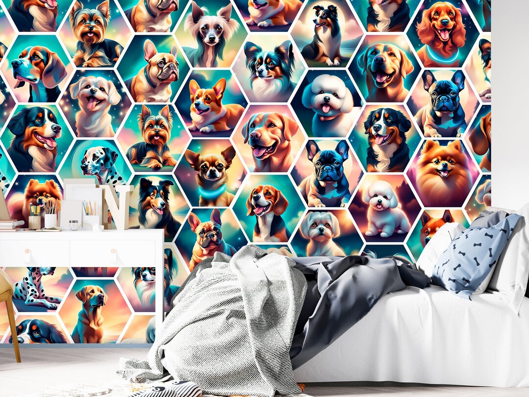 Dog Wallpaper Peel and Stick Cafe, Pets Bedroom Pattern Colorful ...