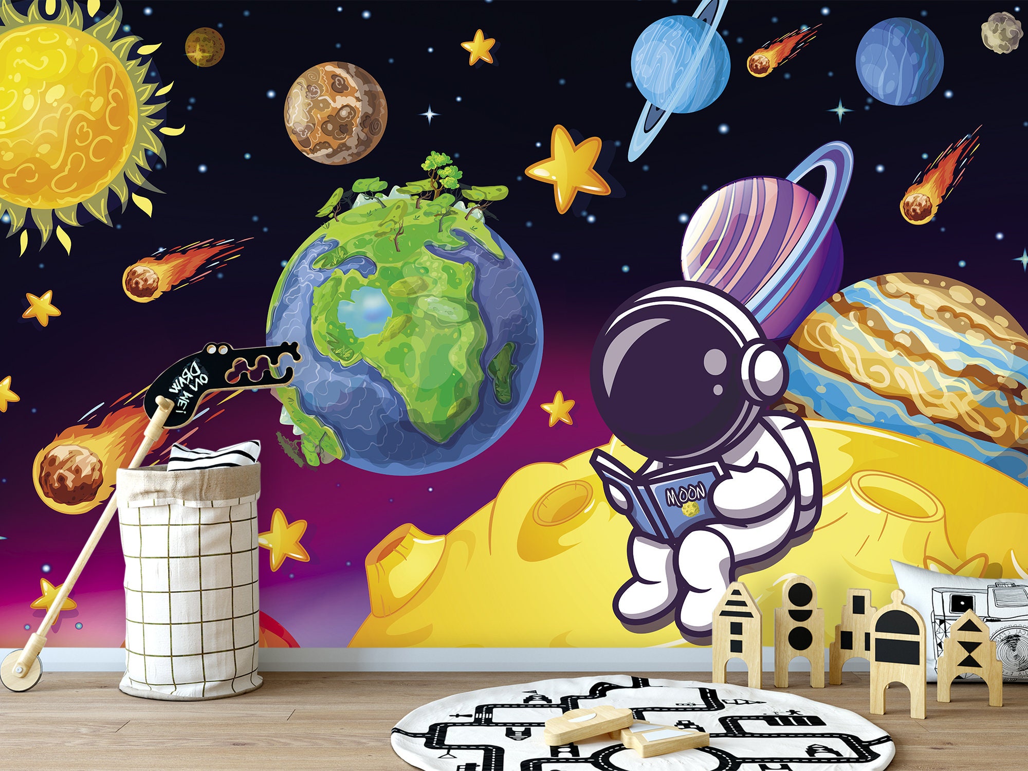 Solar System Wallpaper for Kids Bedroom Astronaut and Planets | Etsy