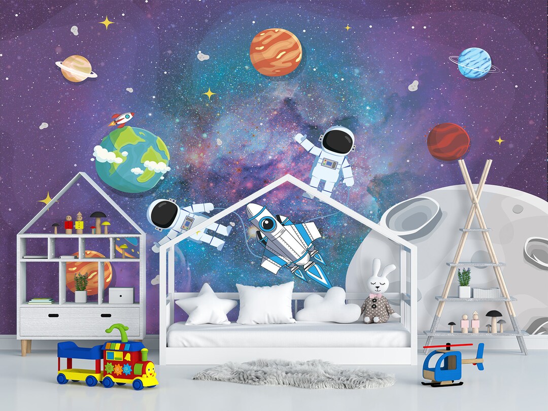 Spaceman Wallpaper Peel and Stick Twins Boy, Dark Outer Space Wall ...
