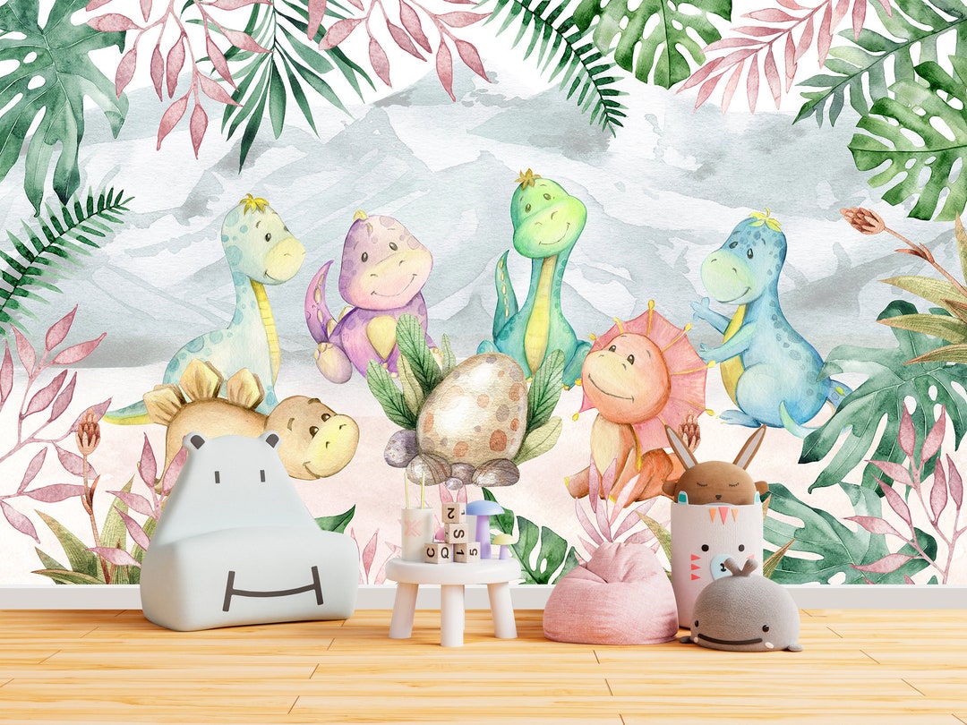 Cute Dinosaur Wallpaper for Baby Nursery Removable / Large Jurassic ...