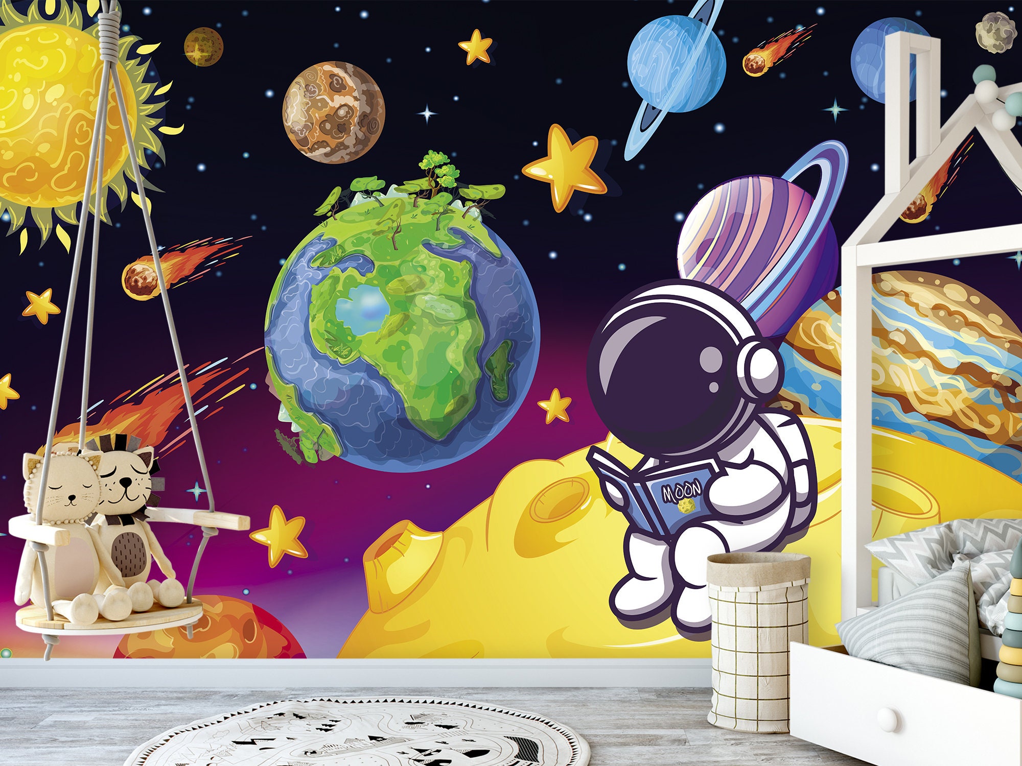 Solar System Wallpaper for Kids Bedroom Astronaut and Planets | Etsy