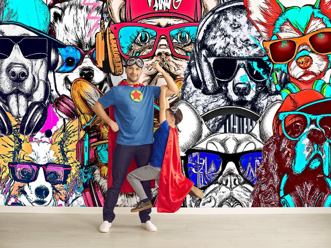 Dog Wallpaper Mural Peel and Stick, Pets Bedroom Pattern Colorful ...