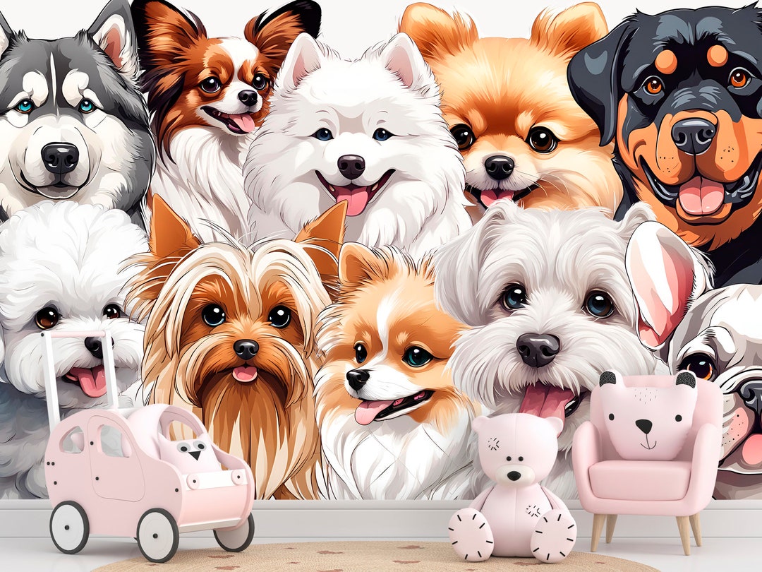 Dog Wallpaper Mural Peel and Stick Nursery, Pets Bedroom Pattern ...