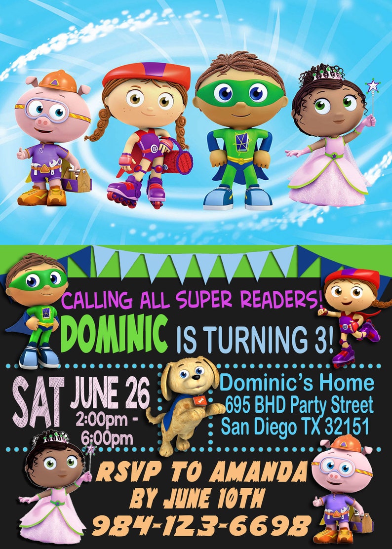 Super Why Birthday Invitation, Super Why Card Invitation, Super Why ...