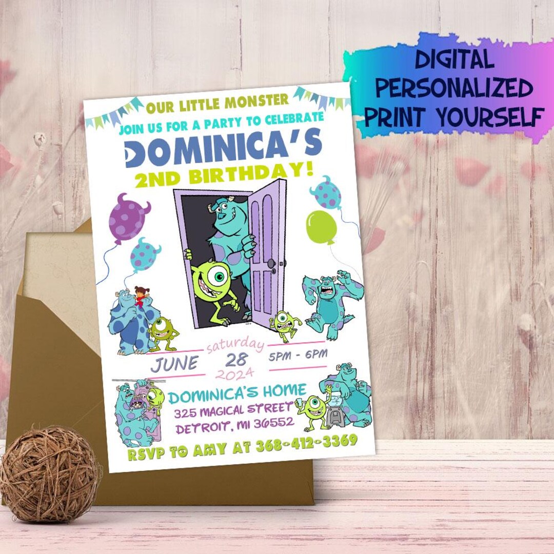 Monster Inc Birthday Invitation, Monsters University Card Invitation ...