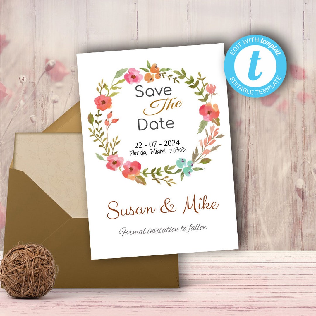 Save the Date, Printable Card, Boho Watercolor With Flowers, INSTANT ...