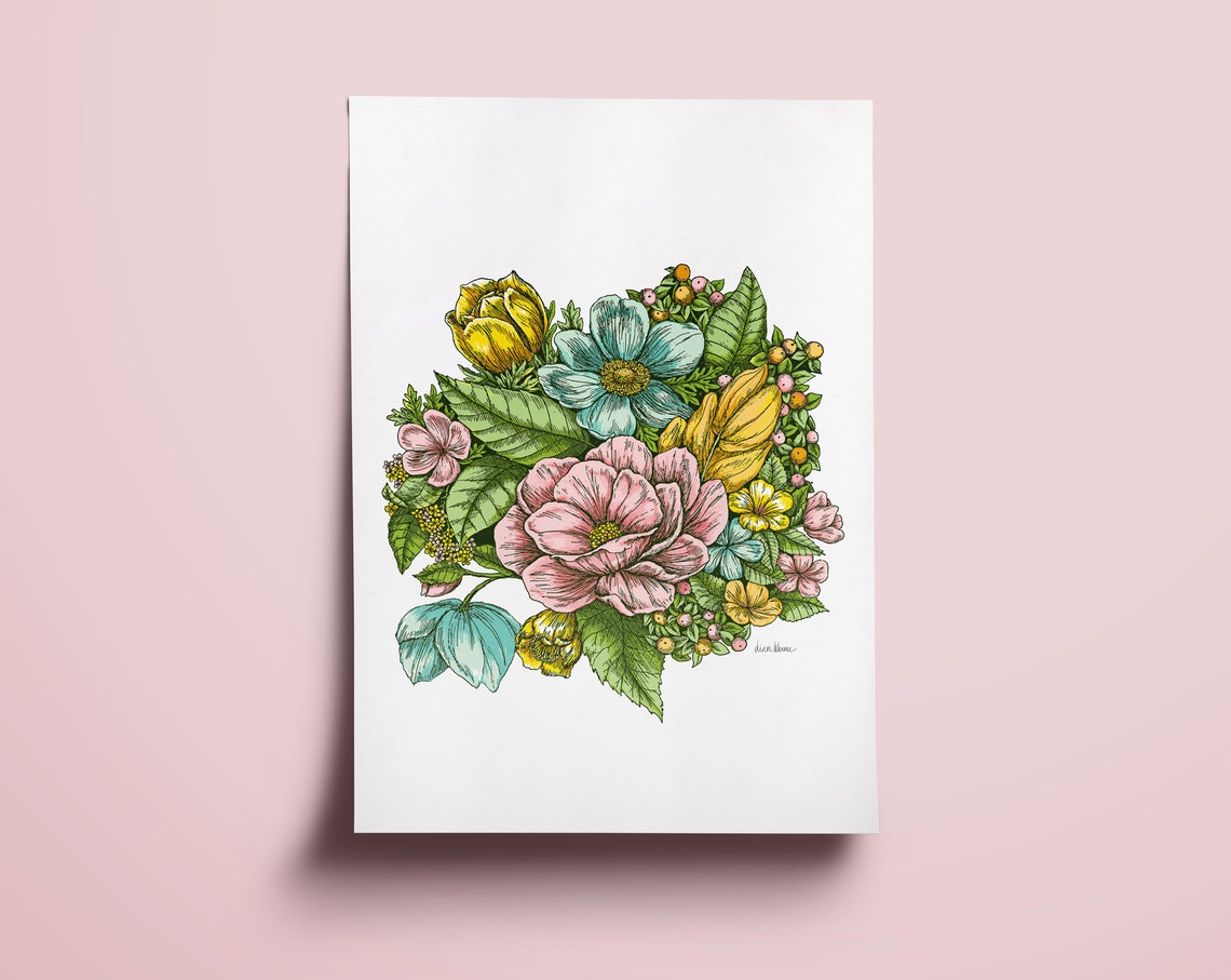 Pastel Floral Print Colorful Flower Illustration - Etsy
