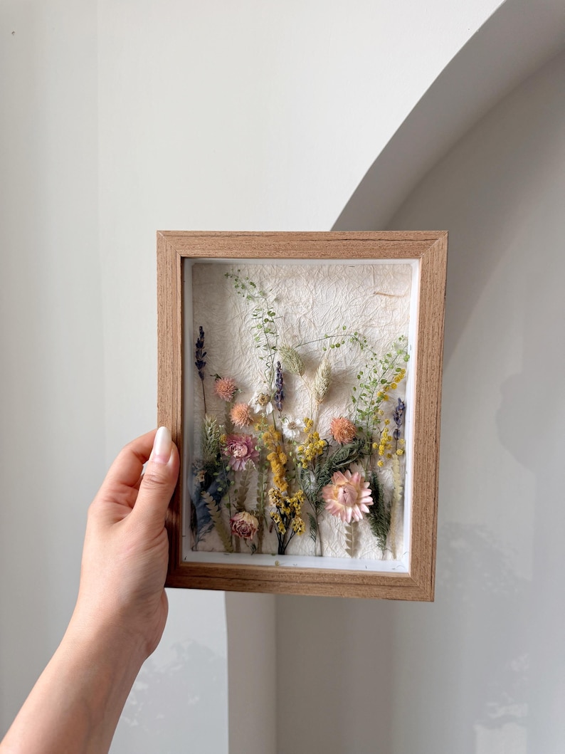 Pressed Flower Shadow Box Frame, Real Dried Wildflower Wall Art, Oak ...