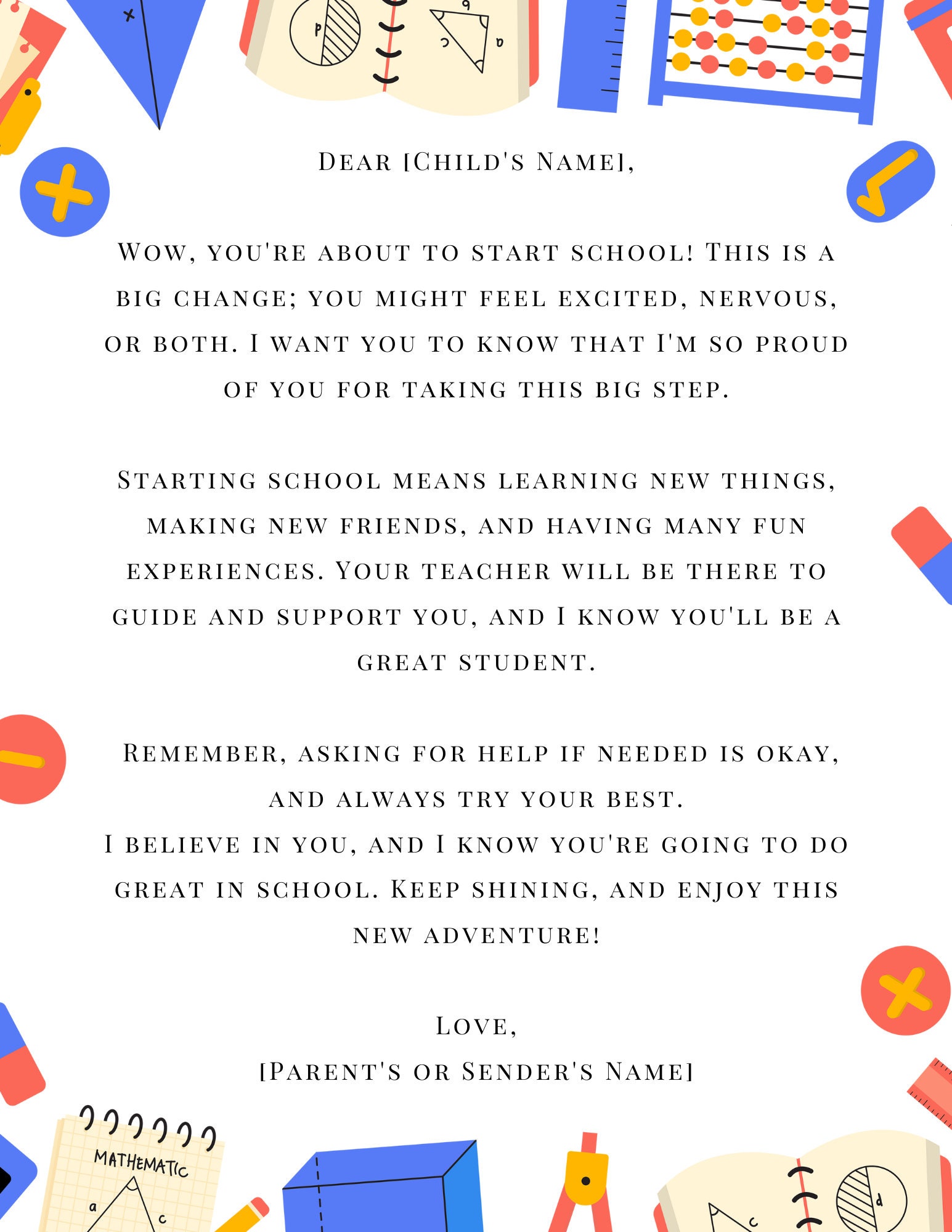 Custom Letter From Parent/guardian for Starting School - Encourage and ...