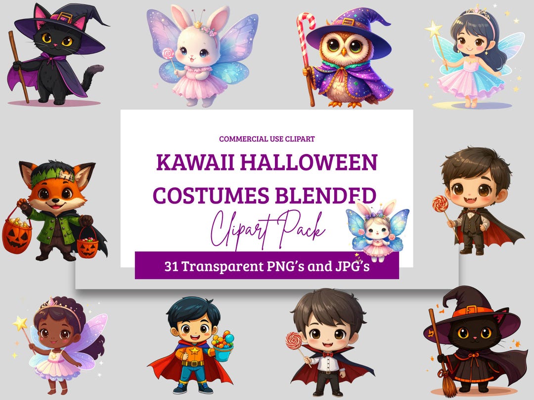 Kawaii Halloween Costumes Clipart Pack – 31 PNG and JPG Files - Etsy