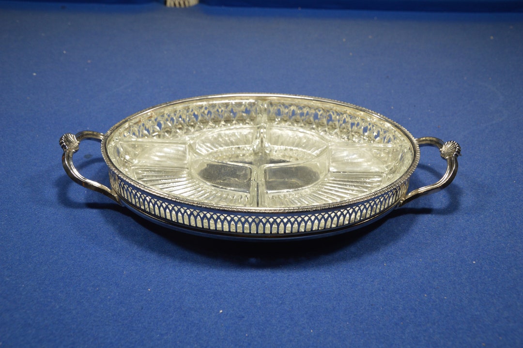 A Silver Plate Hors D'oeurves Tray With Handles and Cut Glass Inserts ...