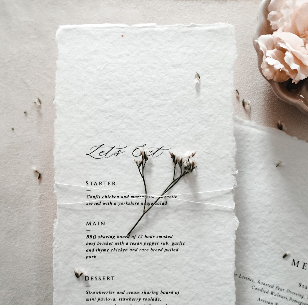 Personalised Handmade Paper Wedding Menus With Dried White Flowers ...