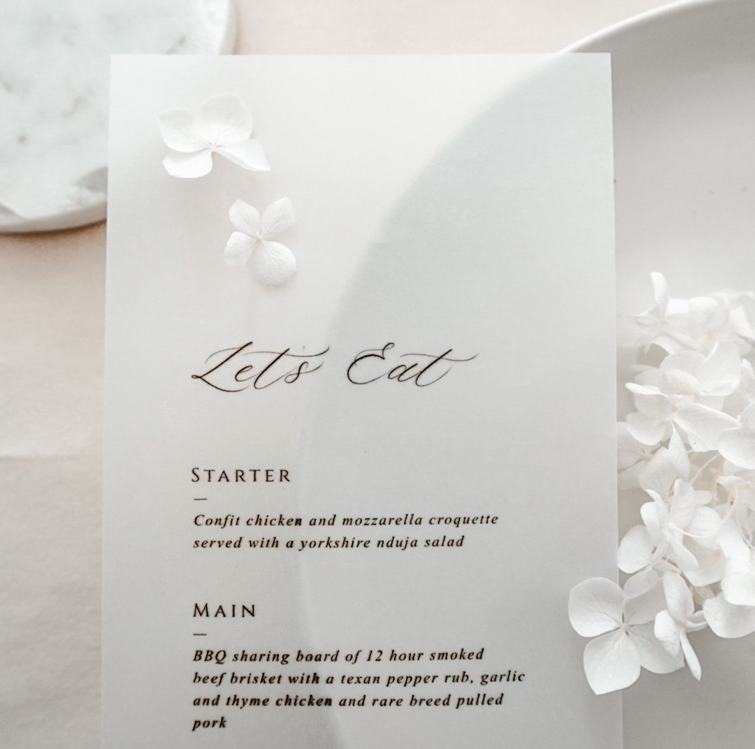 Minimal Elegant Wedding Menu Card, Transparent Vellum Wedding Dinner ...
