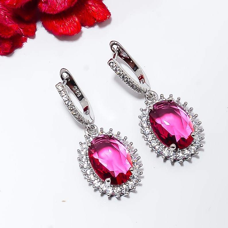 Pink Tourmaline Earring: 925 Sterling Silver Moissanite Gemstone Drop ...
