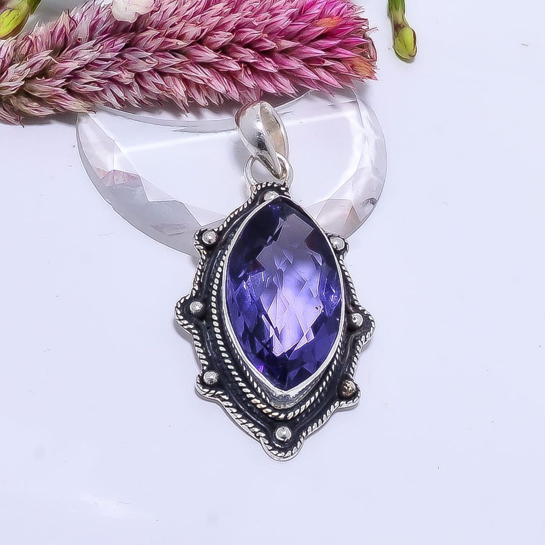 Purple Iolite Sterling Silver Pendant: Handmade Marquise Gemstone - Etsy