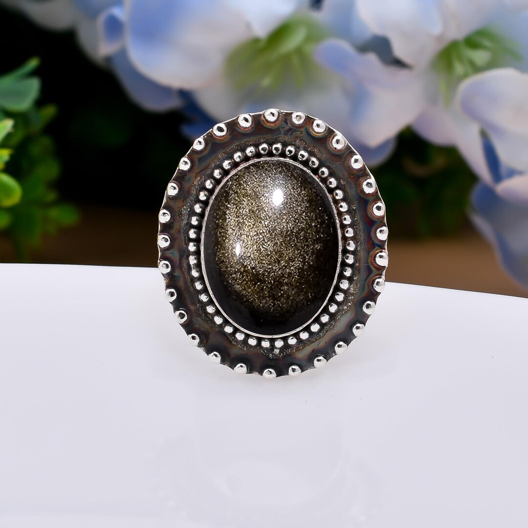 Handmade Golden Sheen Obsidian Ring: Adjustable 925 Sterling Silver - Etsy