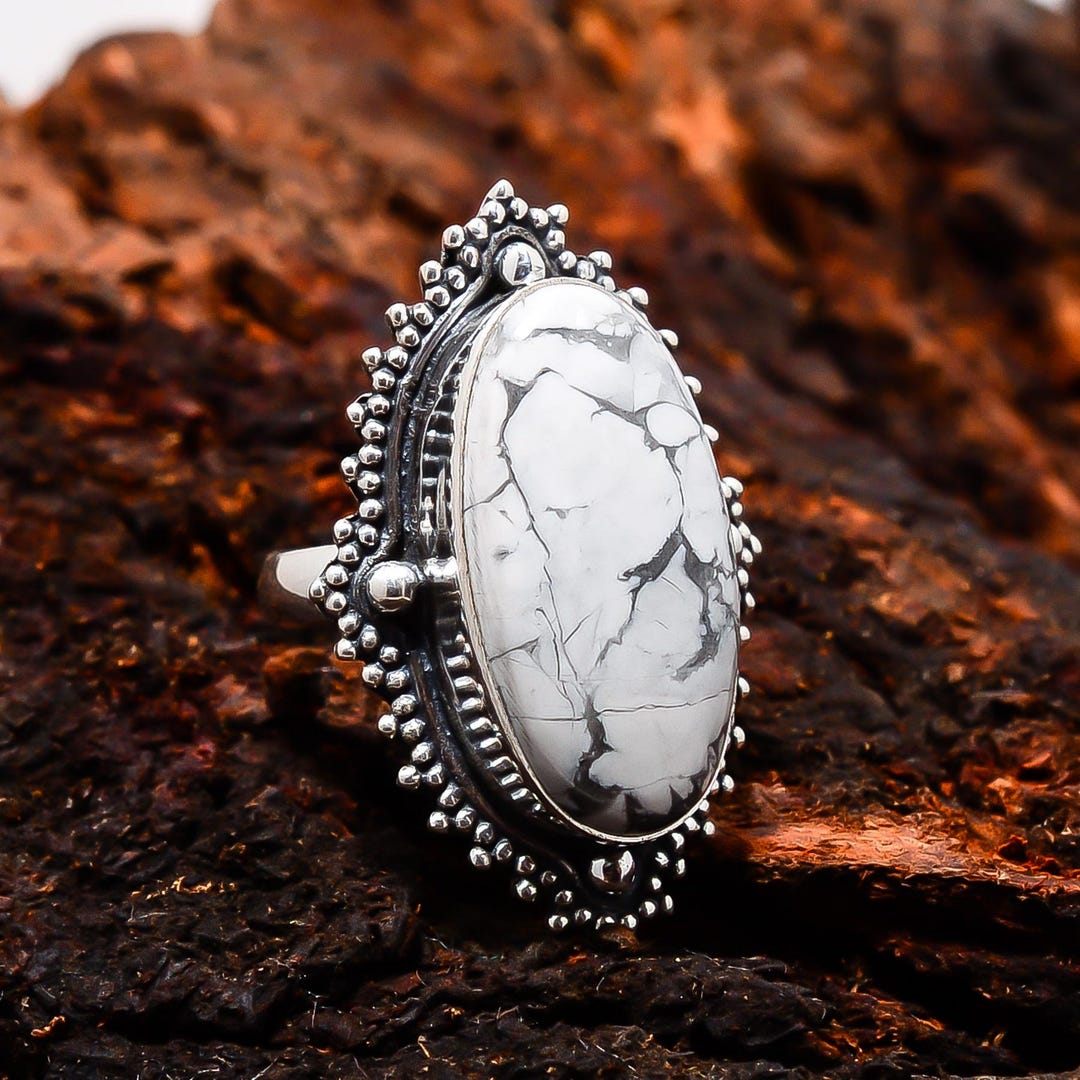 Oxidized Sterling Silver Howlite Ring: Adjustable Gemstone, Handmade - Etsy