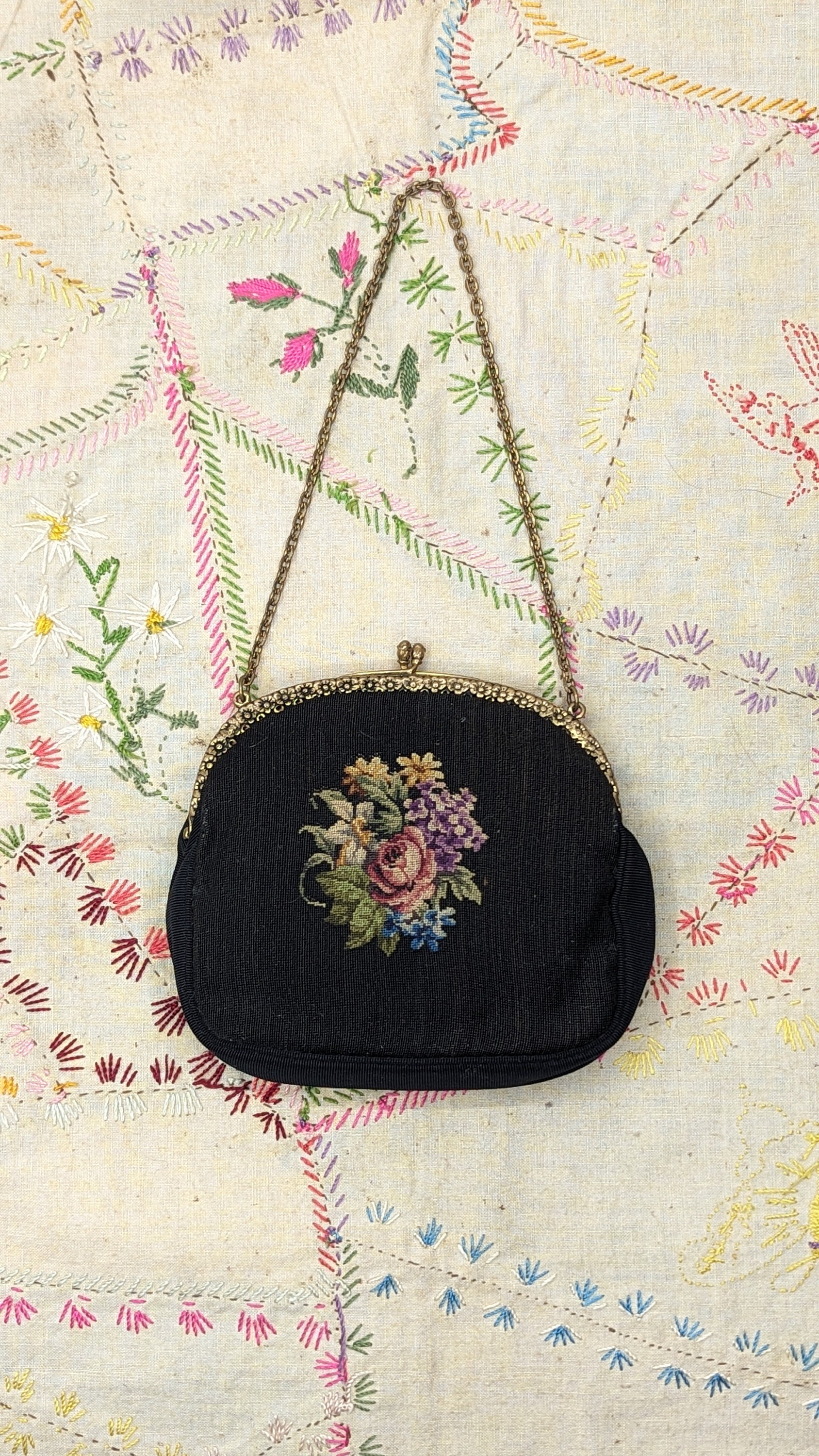 Petite Petit Point Purse - Black Floral Motif - Gold Clasp and Frame ...