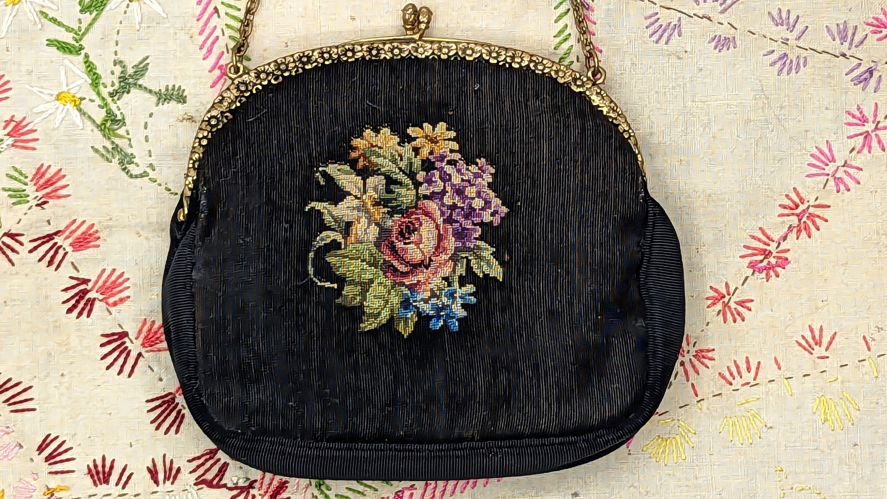 Petite Petit Point Purse Black Floral Motif Gold Clasp and - Etsy