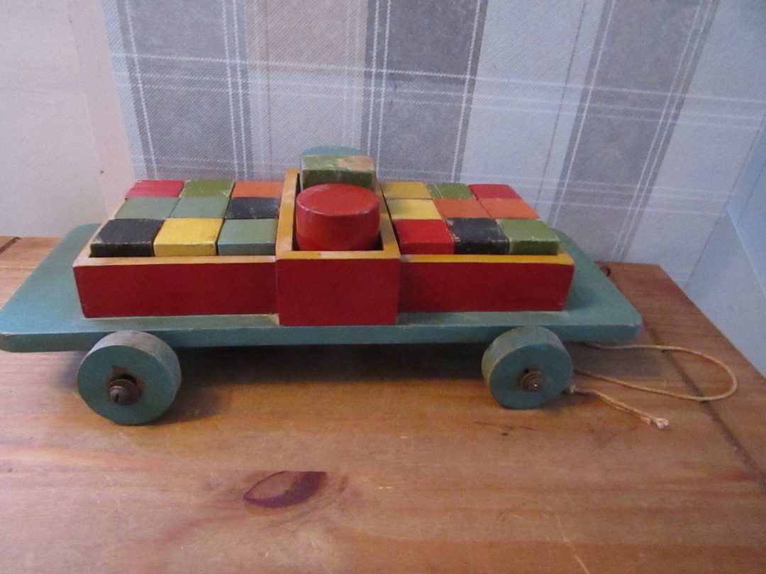 Building Block Toy Vintage Pull Along Toy Colourful Worn Children's Toy ...
