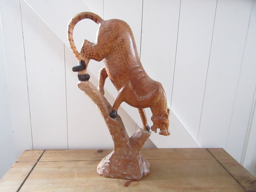Hand Carved Wooden Leopard Sculpture: African Wild Cat Art (16 Inches ...