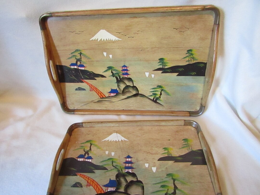 2 Vintage Japanese Wooden Trays Hand Painted 1930s - Etsy