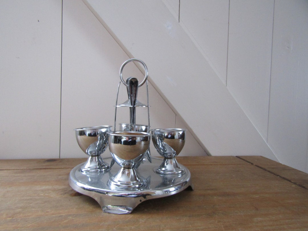 Vintage Egg Cruet Set - 4 Egg Cups and Chrome Stand With Spoons - Art ...
