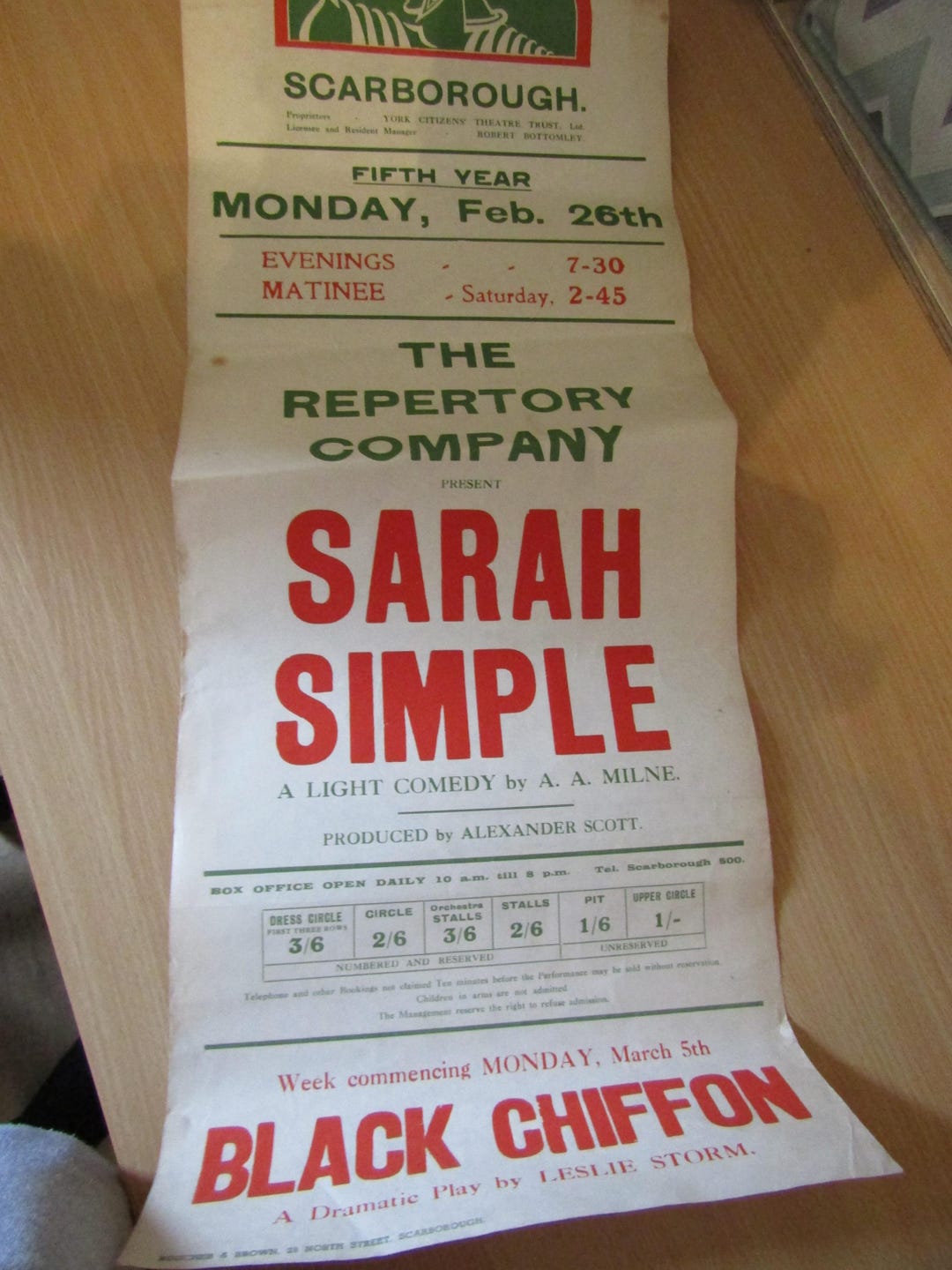 Vintage 1950s Theatre Poster: Sarah Simple Comedy, Scarborough Opera ...