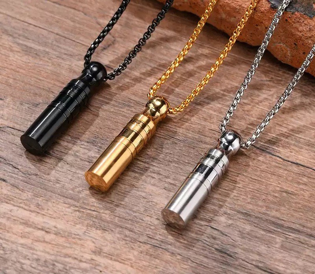 Metal Vial Necklace Screw Cap Keepsake Storage Stainless Steel Mens ...