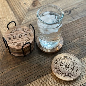 Round Coaster Set W/holder, 6-piece Wood or 8-piece Cork, Personalized ...