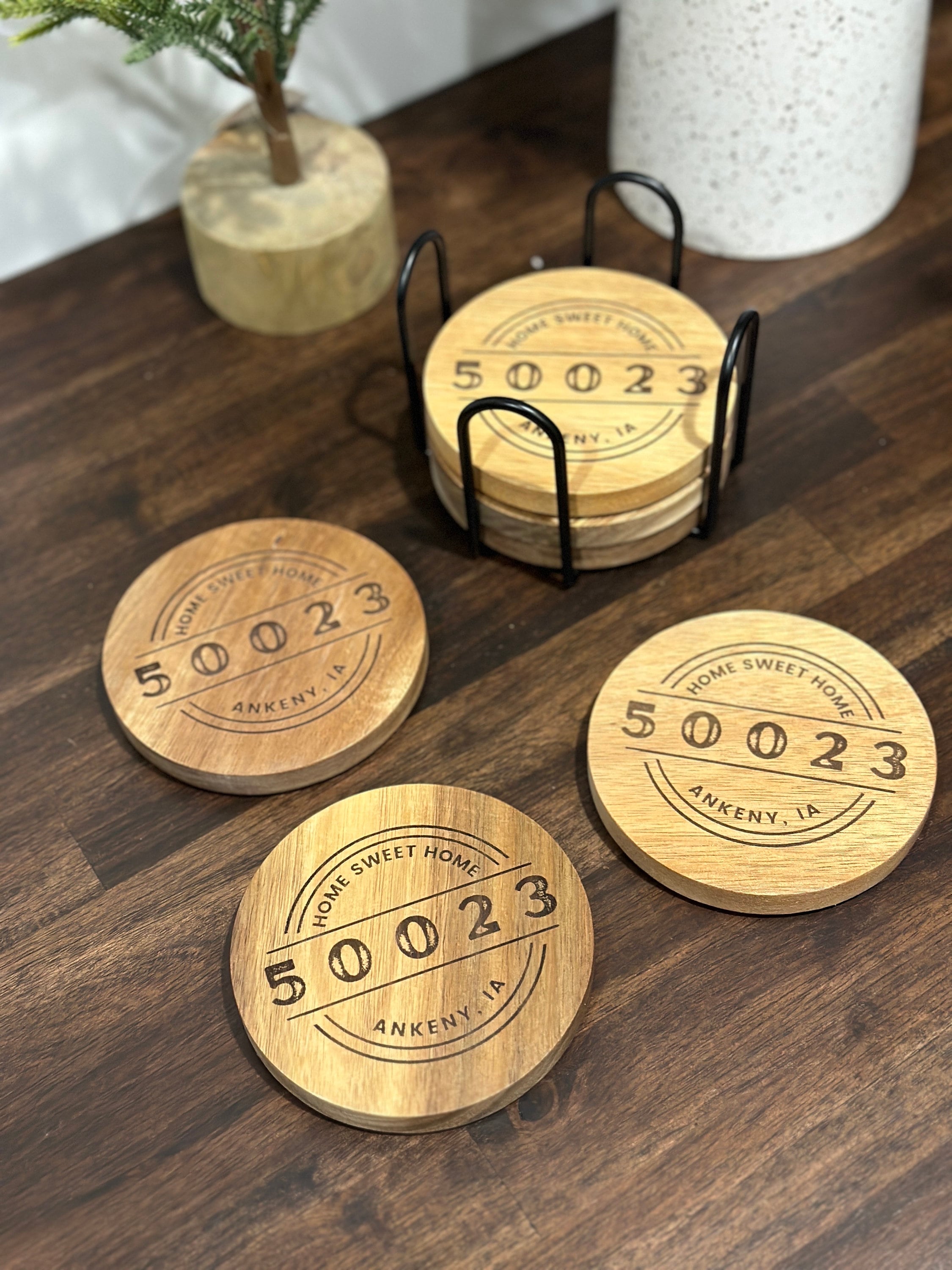 Round Coaster Set W/holder, 6-piece Wood or 8-piece Cork, Personalized ...