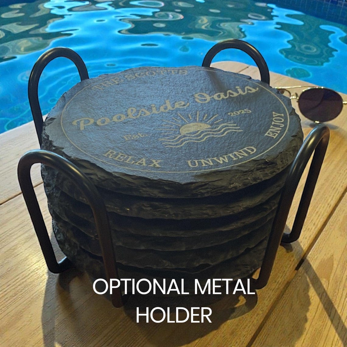Poolside Coaster Set | Round Slate | Personalized | Pool Decor - Etsy