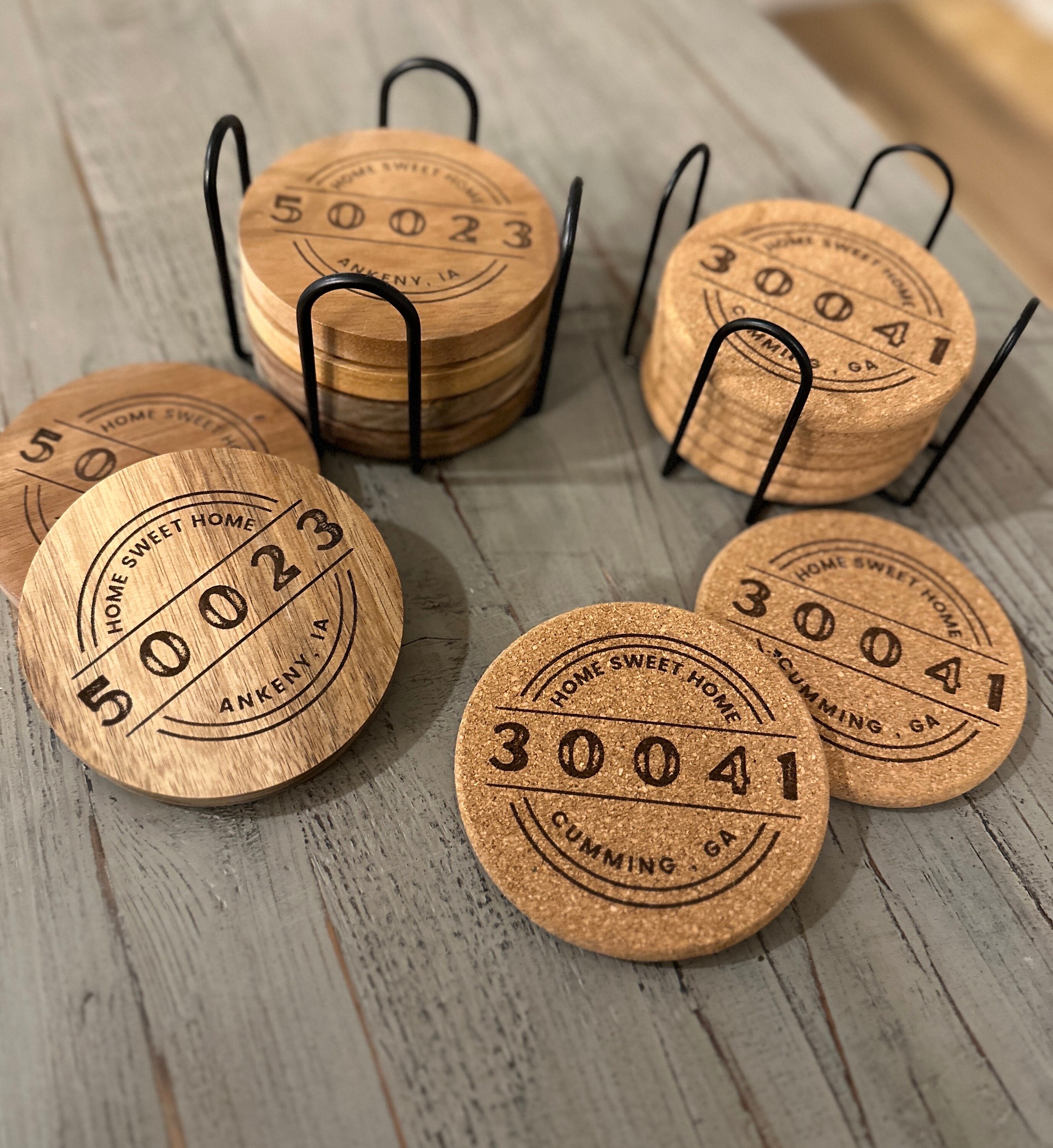 Round Coaster Set W/holder, 6-piece Wood or 8-piece Cork, Personalized ...