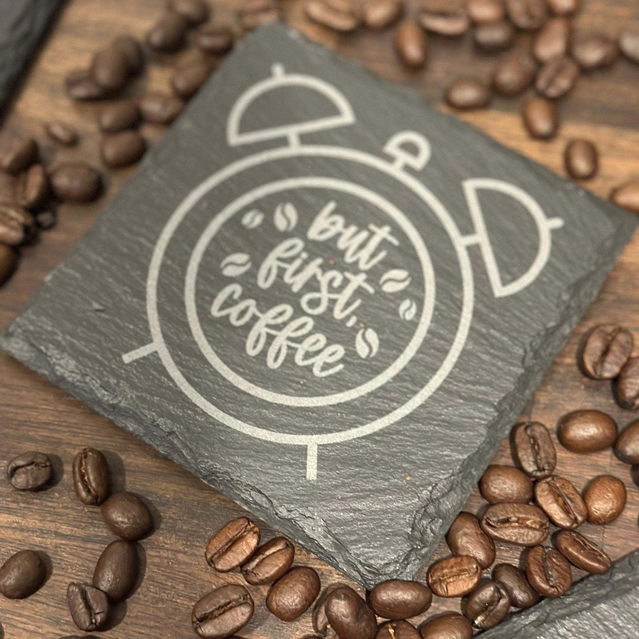 Laser-etched Slate Coasters – Coffee Lover Gift | Natural Stone Drink ...