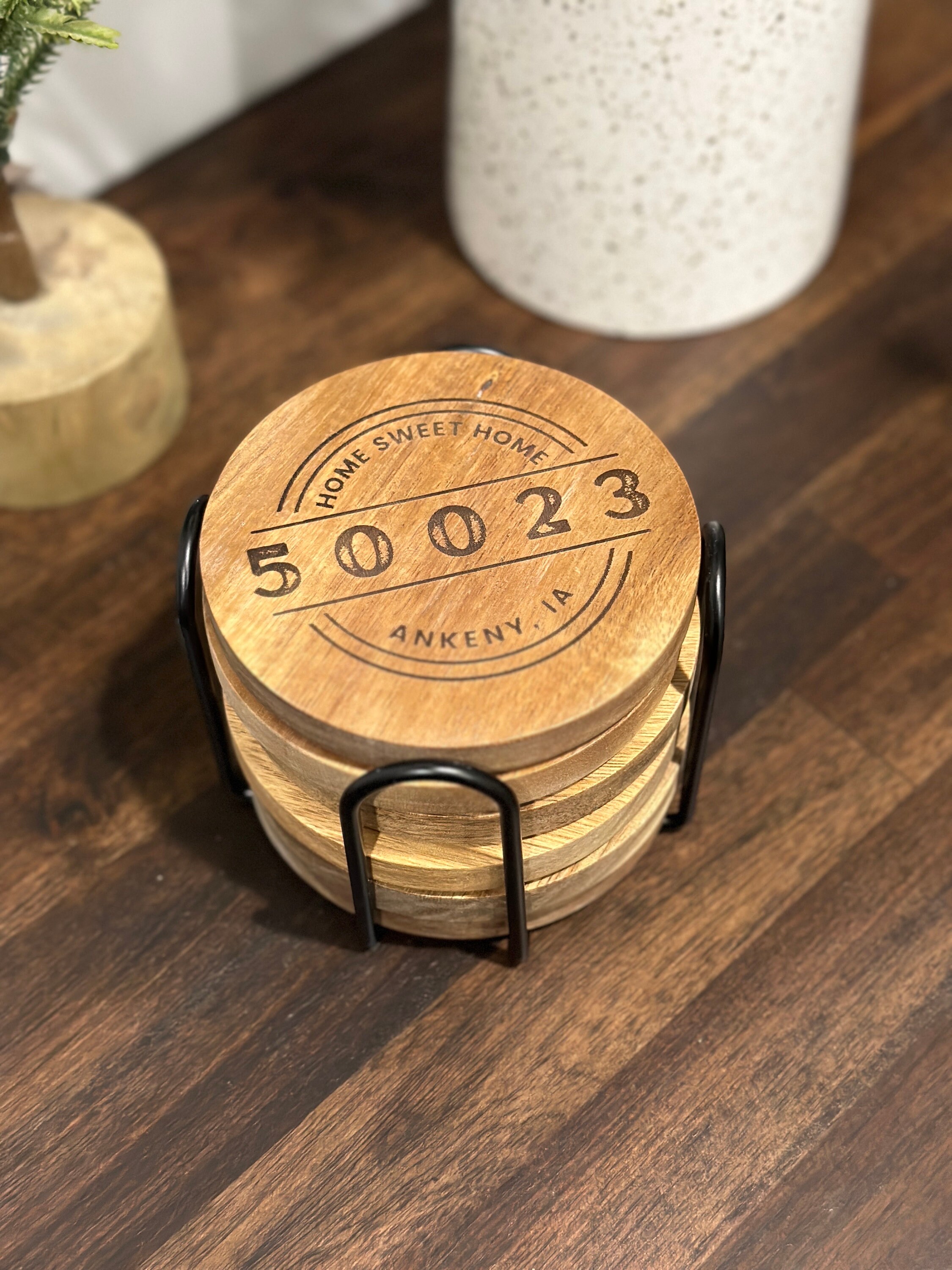 Round Coaster Set W/holder, 6-piece Wood or 8-piece Cork, Personalized ...
