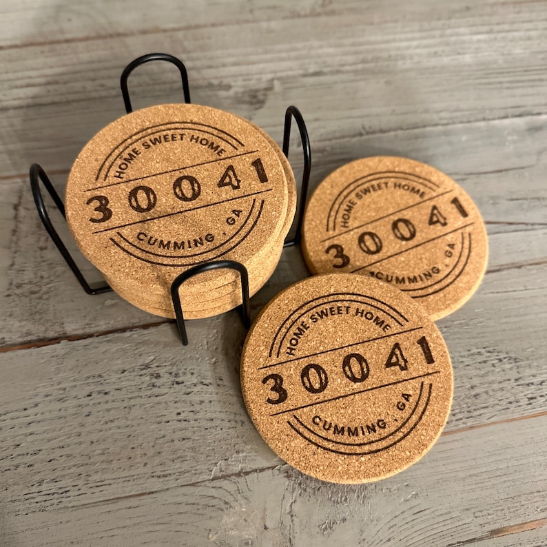 Round Coaster Set W/holder, 6-piece Wood or 8-piece Cork, Personalized ...