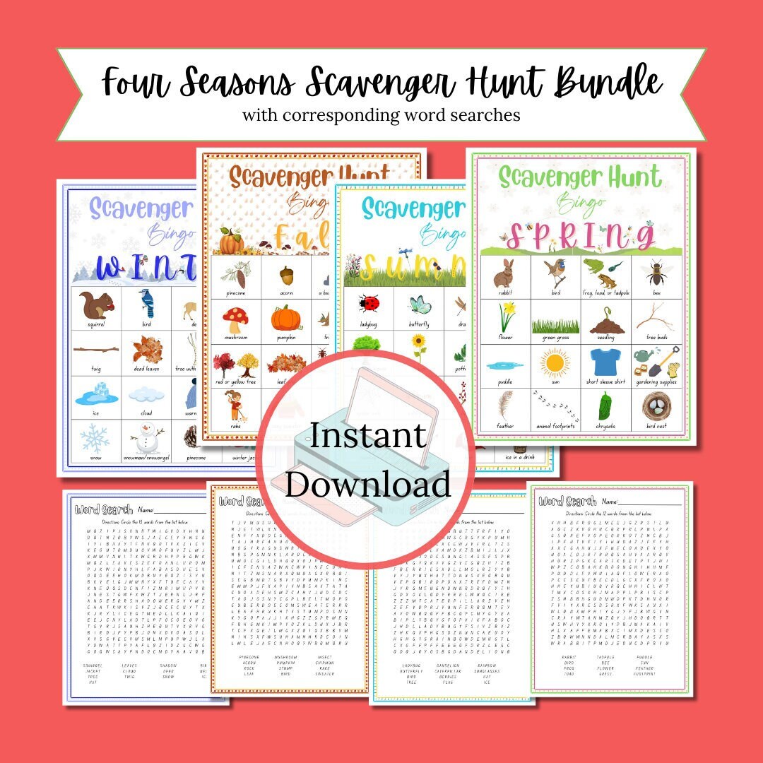 Four Seasons Scavenger Hunt Bingo and Word Search Bundle Nature ...