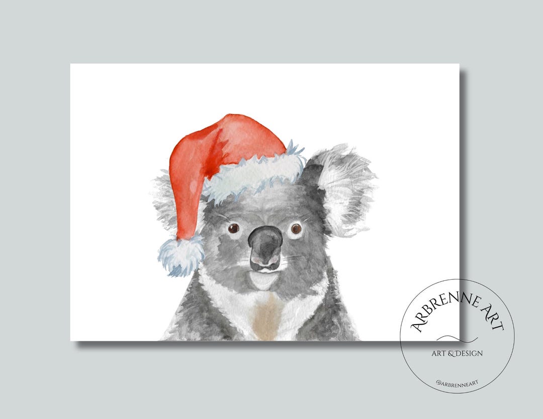 Printable Santa Koala Watercolor Blank Card for Digital Download ...