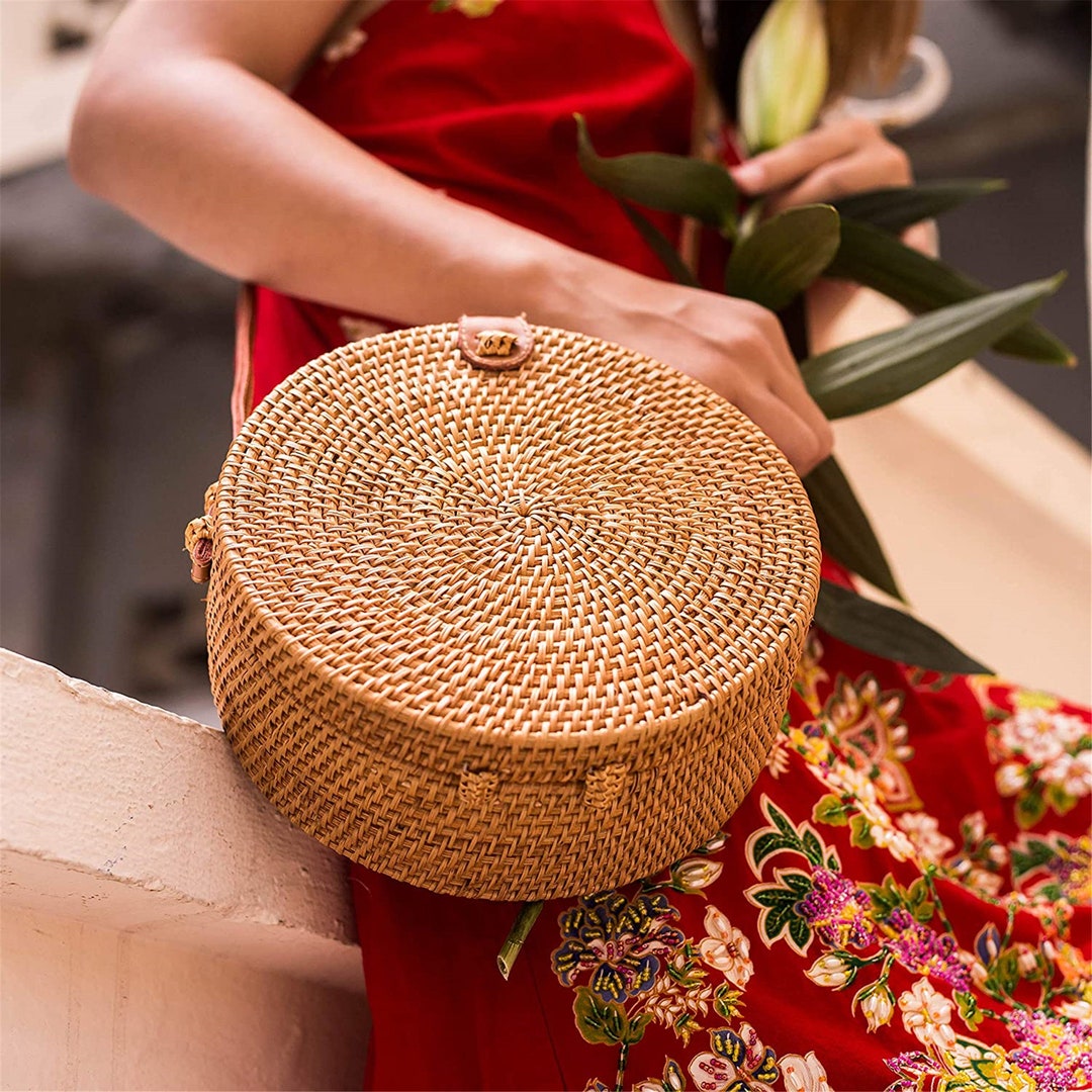 Handwoven Round Rattan Bag Shoulder Leather Straps Natural - Etsy
