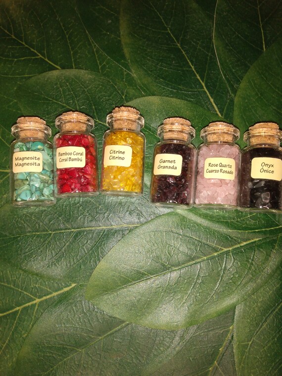 cottage core wicca Set of 12 glass bottles filled with crystal chips ...