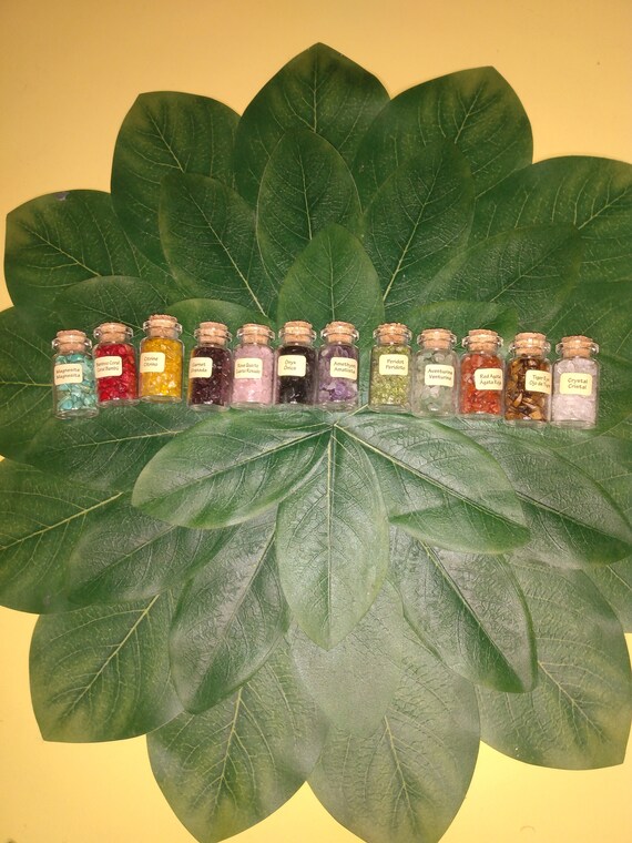 cottage core wicca Set of 12 glass bottles filled with crystal chips ...