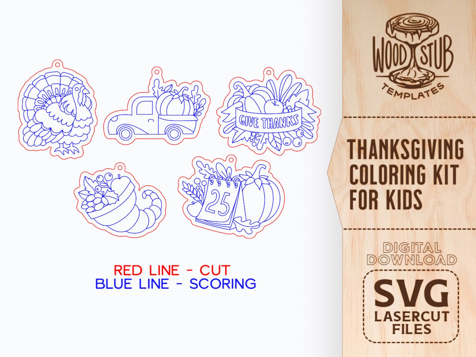 Thanksgiving Coloring Kit for Kids, Thanksgiving Ornaments SVG ...