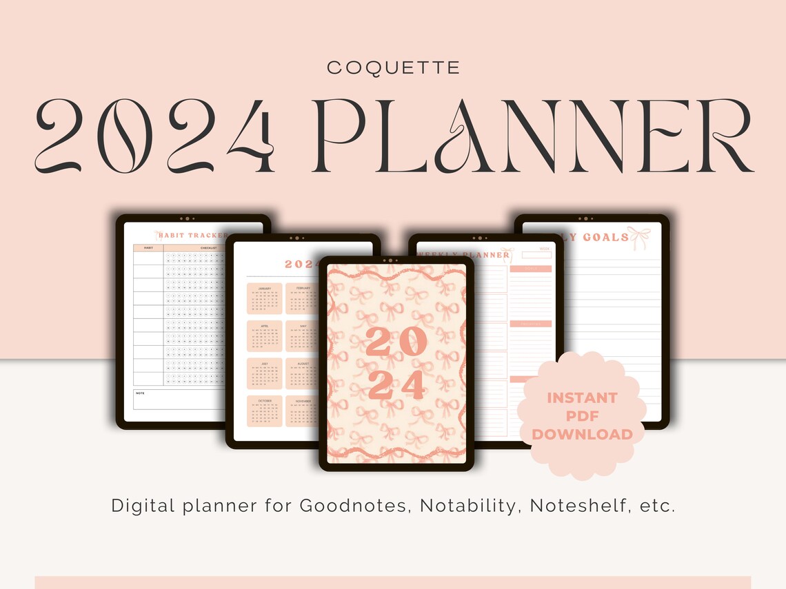 2024 Peach Coquette Bow Planner, 2024 Digital Planner, 2024 Planner ...