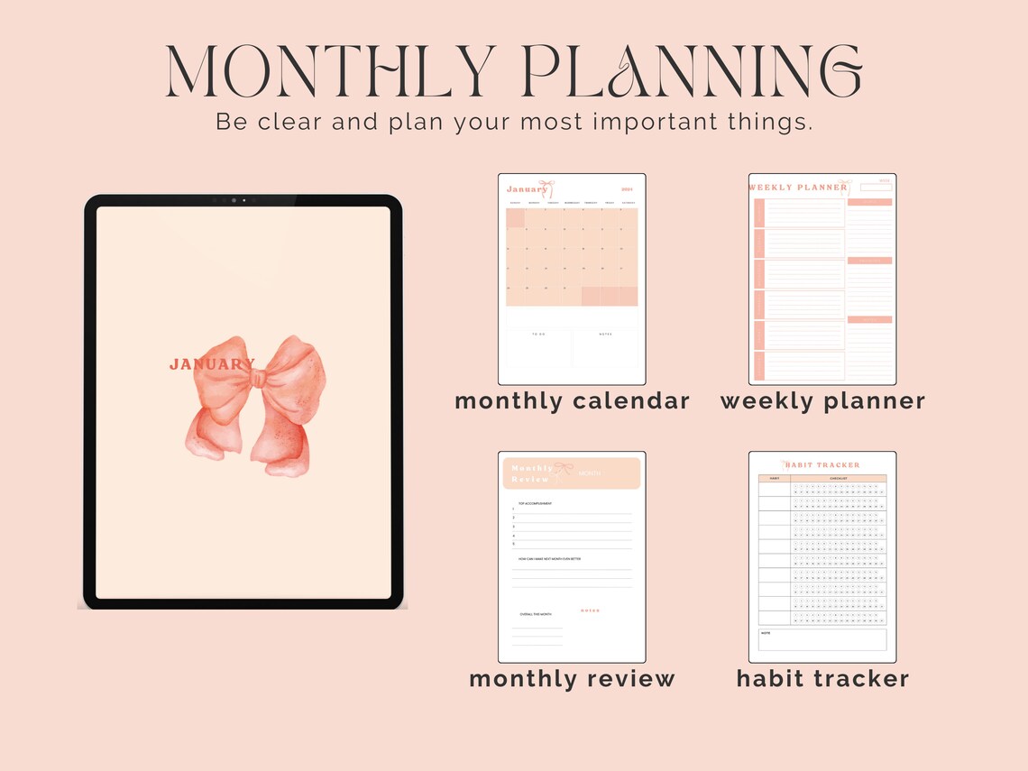 2024 Peach Coquette Bow Planner, 2024 Digital Planner, 2024 Planner ...