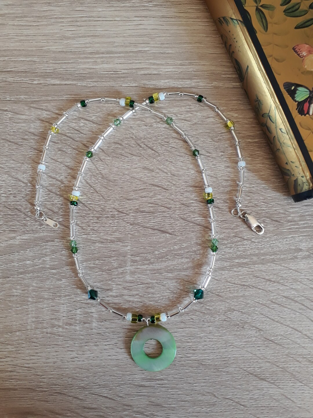 Green Shell Pendant, Swarovski Crystal Bead Sterling Silver Necklace ...