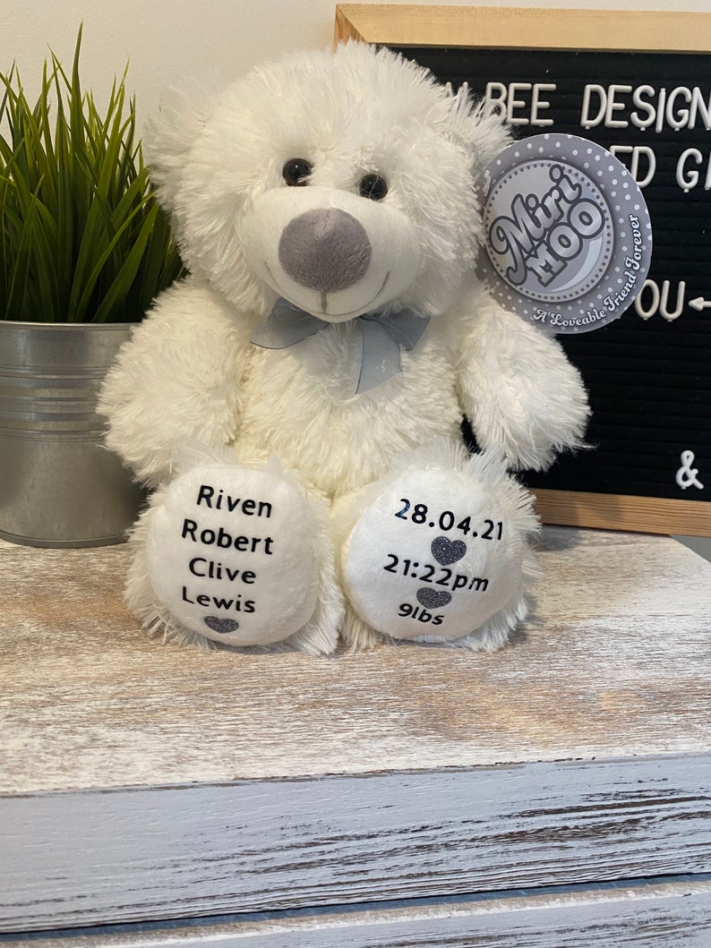 Personalised White Teddy Bear New Baby Gift Customised Plush - Etsy UK
