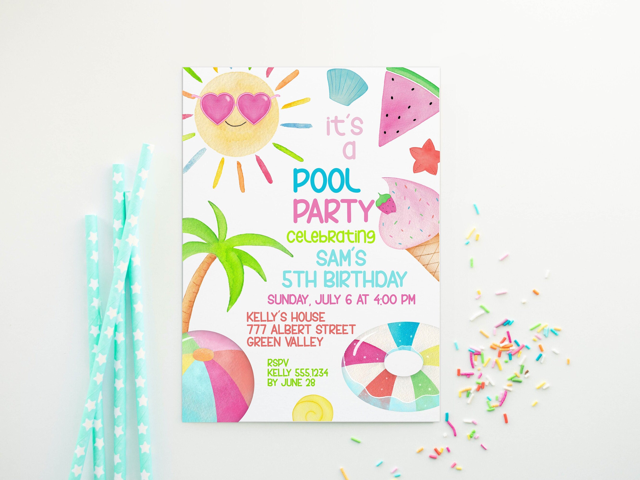 Pool Party Invitation Watercolor Clipart Pool Party Decor - Etsy