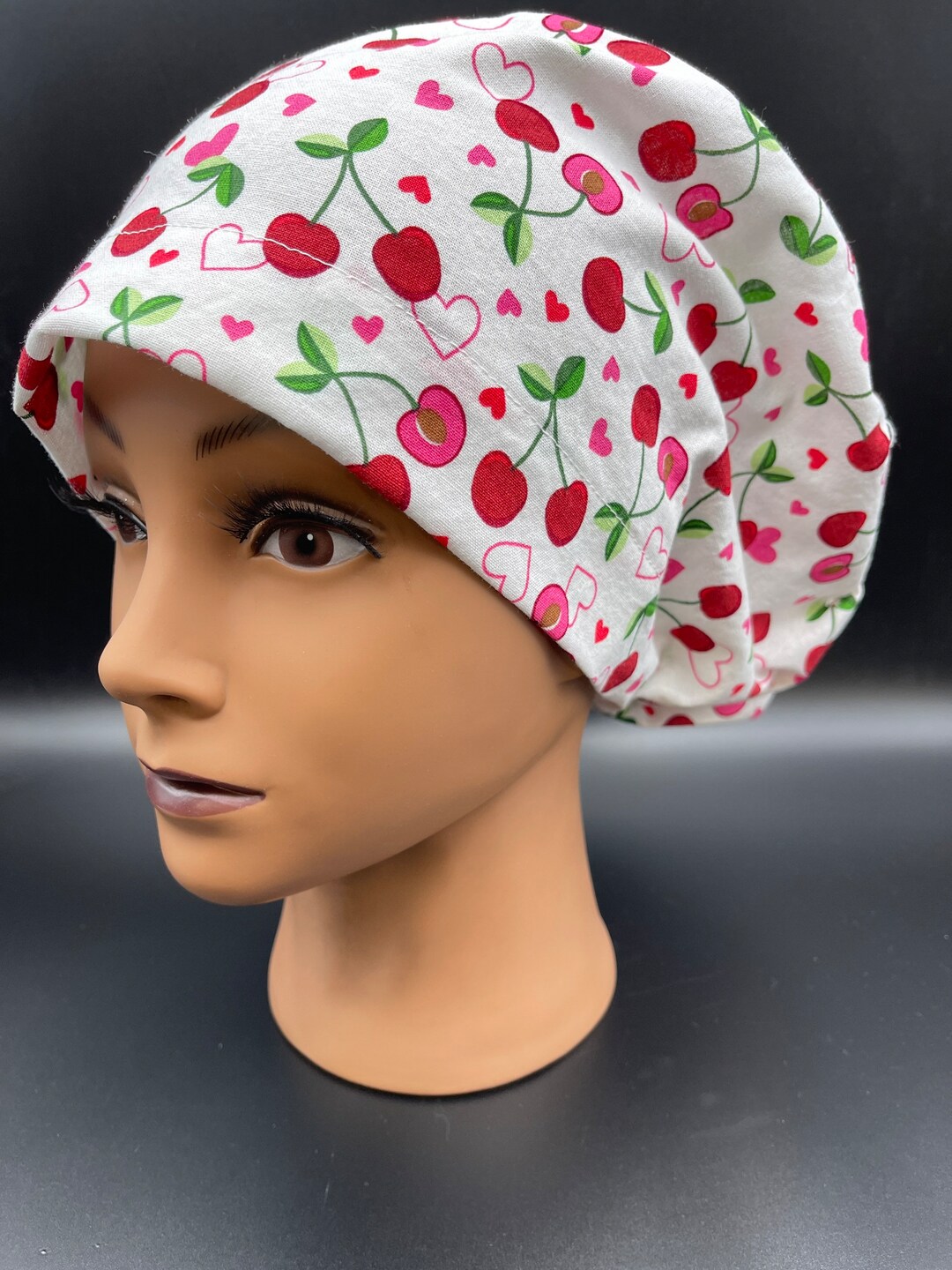 Women's Scrub Cap | Euro Style | Cherries and Hearts W/ Adjustable ...